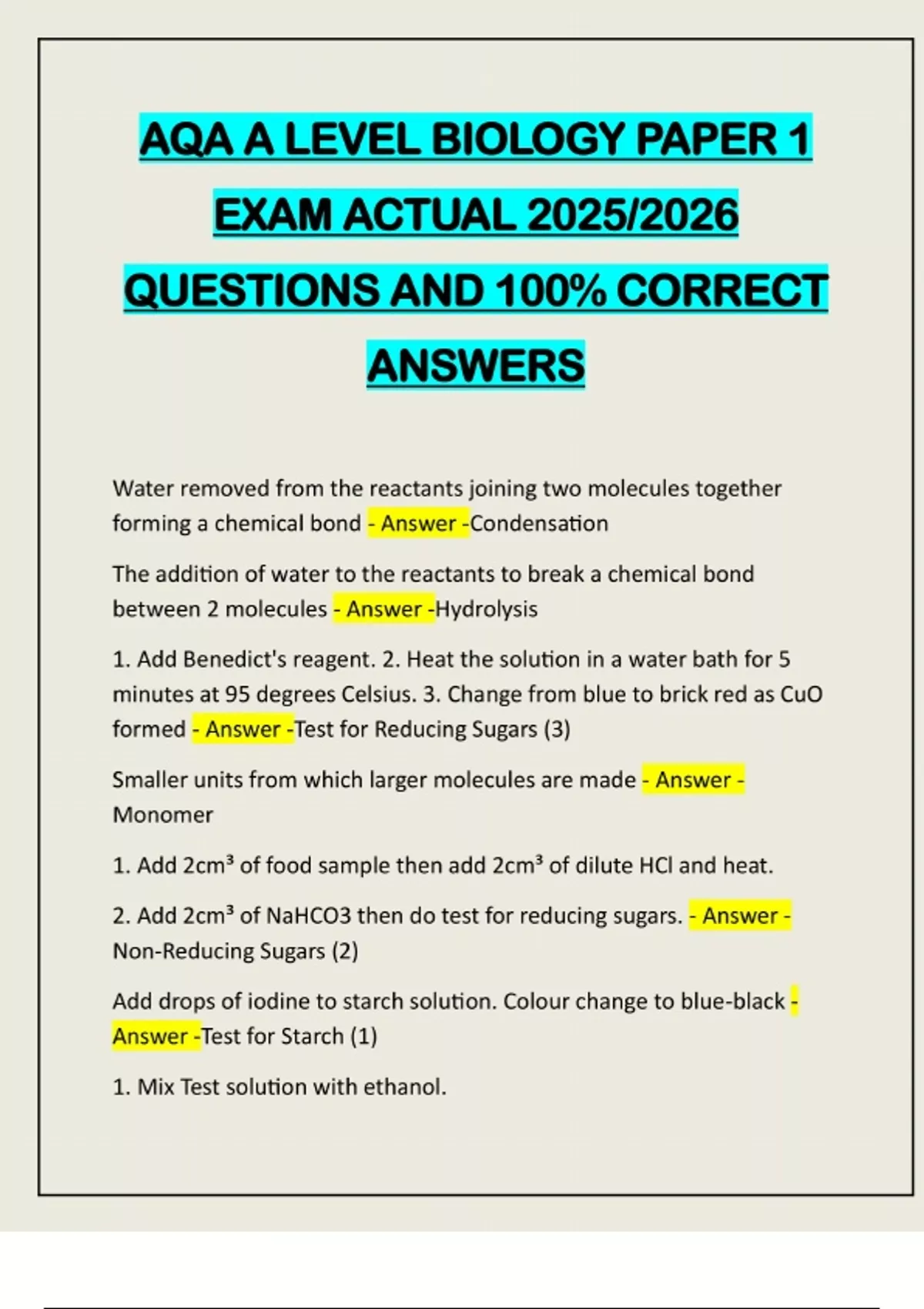 AQA A LEVEL BIOLOGY PAPER 1 EXAM ACTUAL 2025/2026 QUESTIONS AND 100% ...