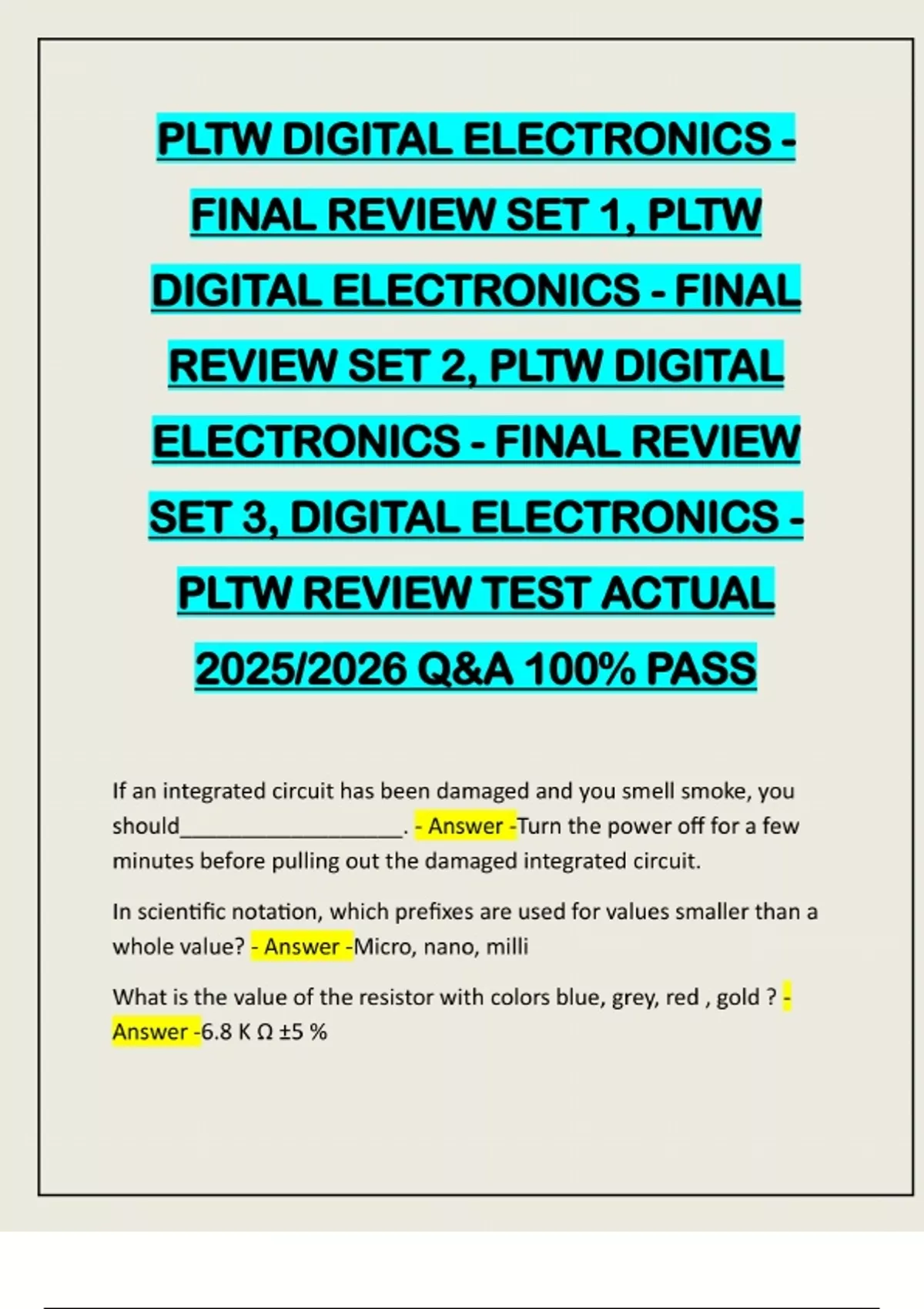 PLTW DIGITAL ELECTRONICS - FINAL REVIEW SET 1, PLTW DIGITAL ELECTRONICS ...