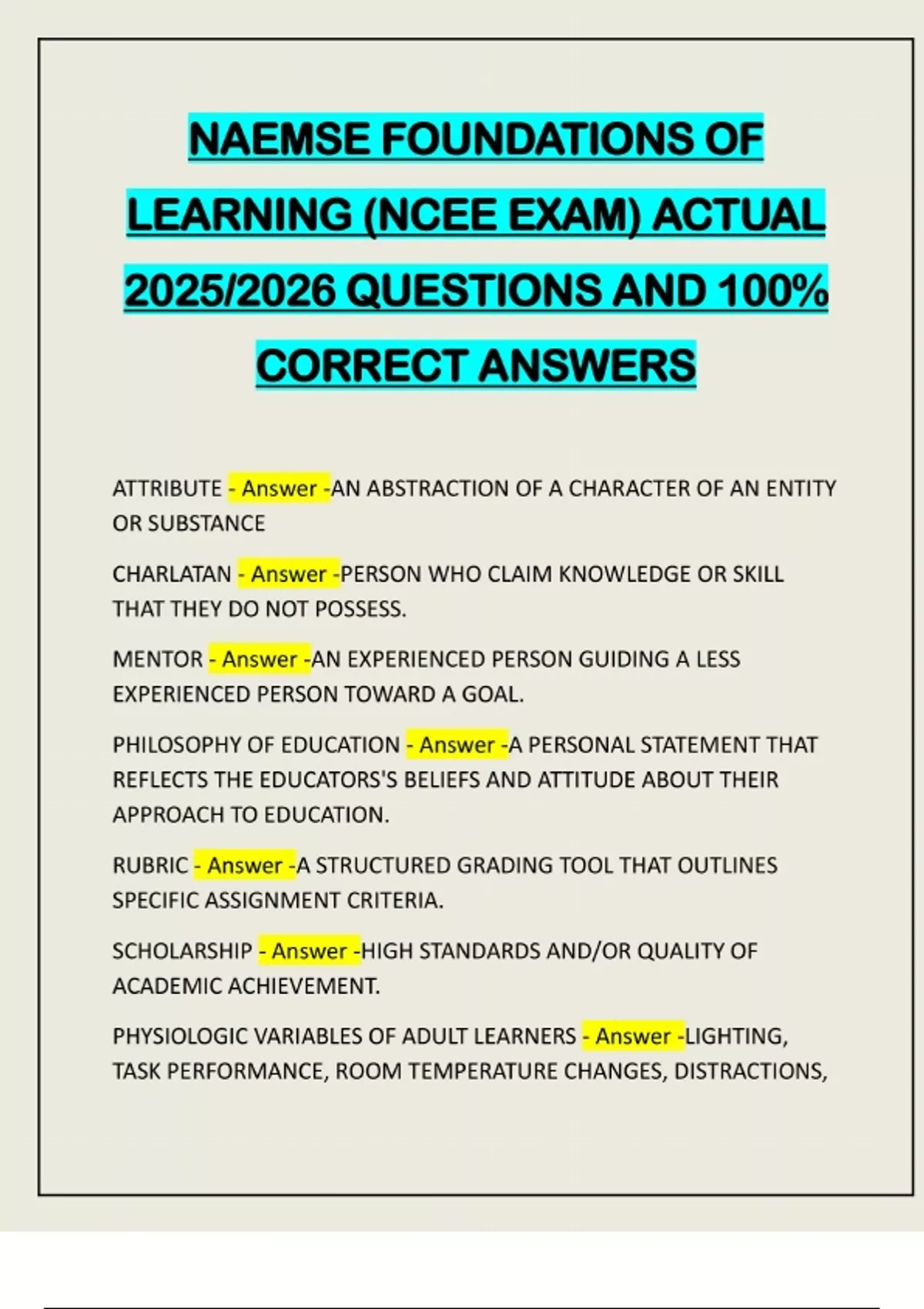 NAEMSE FOUNDATIONS OF LEARNING (NCEE EXAM) ACTUAL 2025/2026 QUESTIONS ...