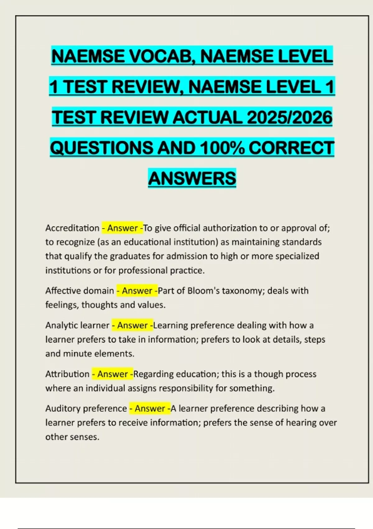 NAEMSE VOCAB, NAEMSE LEVEL 1 TEST REVIEW, NAEMSE LEVEL 1 TEST REVIEW ...
