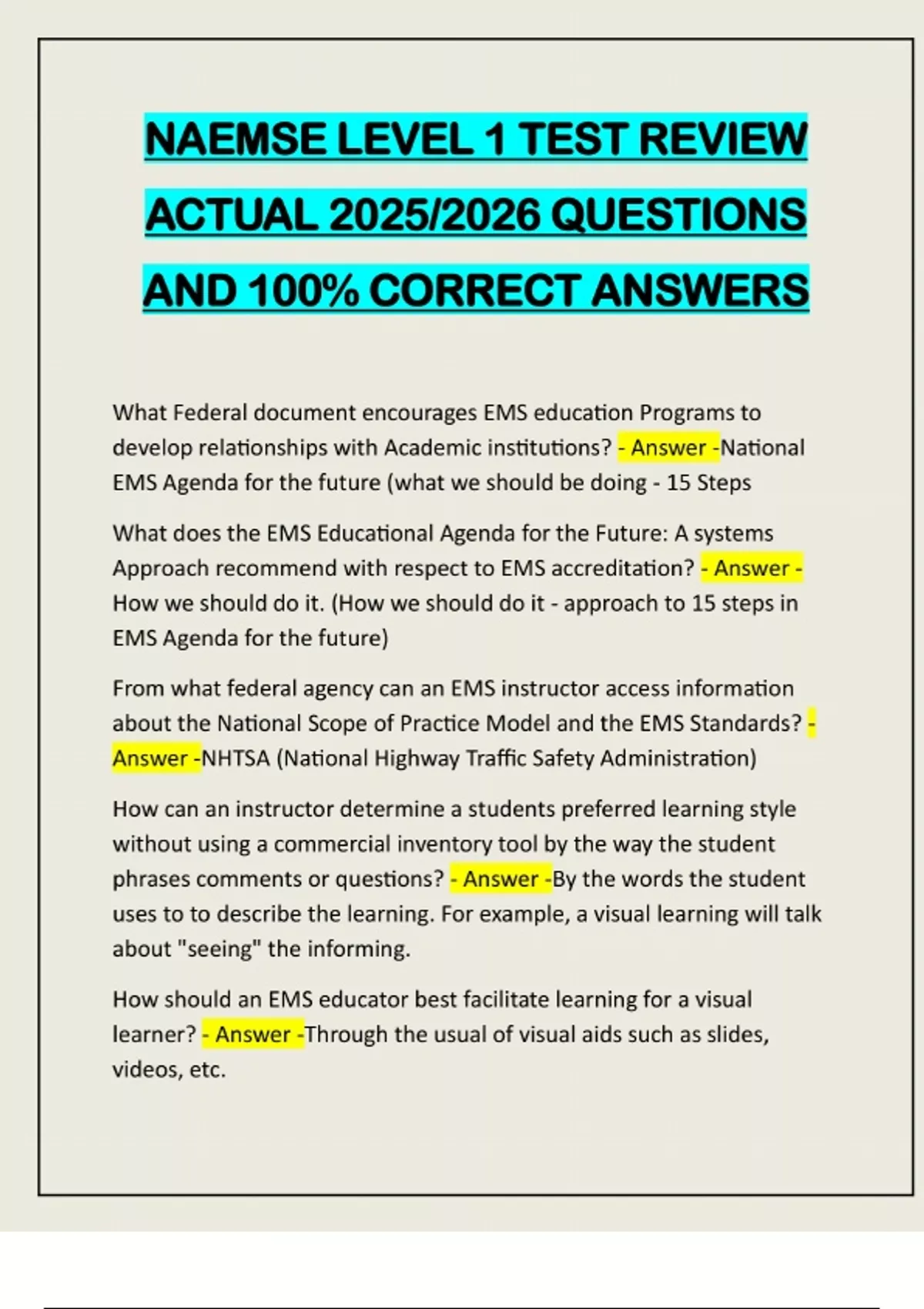 NAEMSE LEVEL 1 TEST REVIEW ACTUAL 2025/2026 QUESTIONS AND 100% CORRECT ...