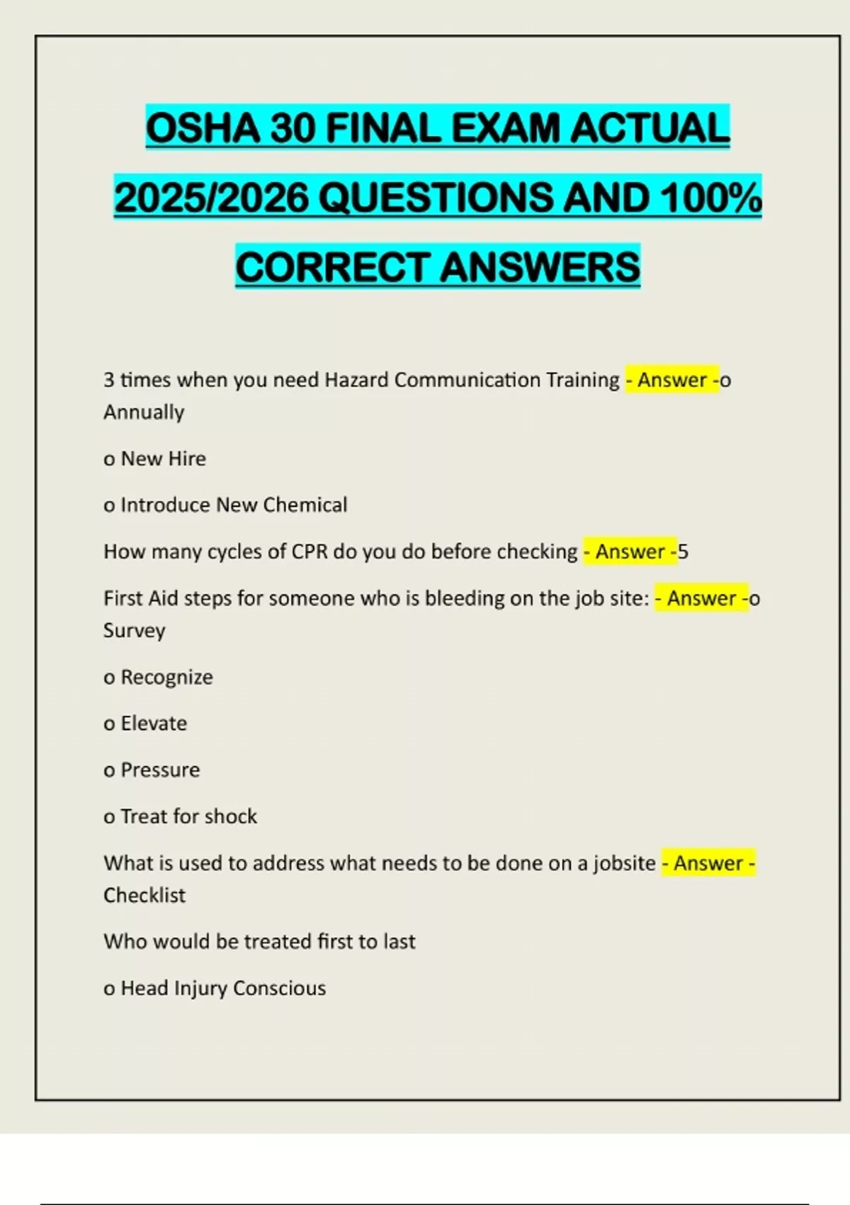 OSHA 30 FINAL EXAM ACTUAL 2025/2026 QUESTIONS AND 100% CORRECT ANSWERS ...