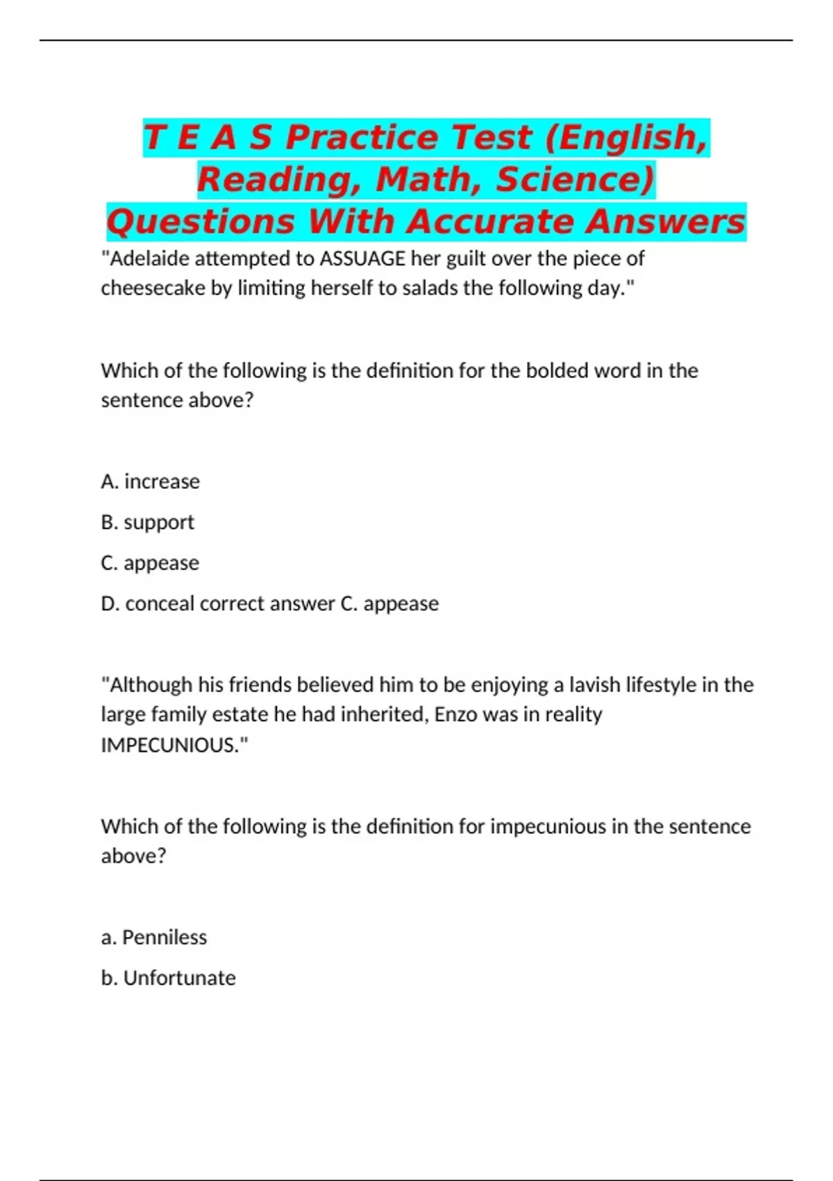 T E A S Practice Test (English, Reading, Math, Science) Questions With ...