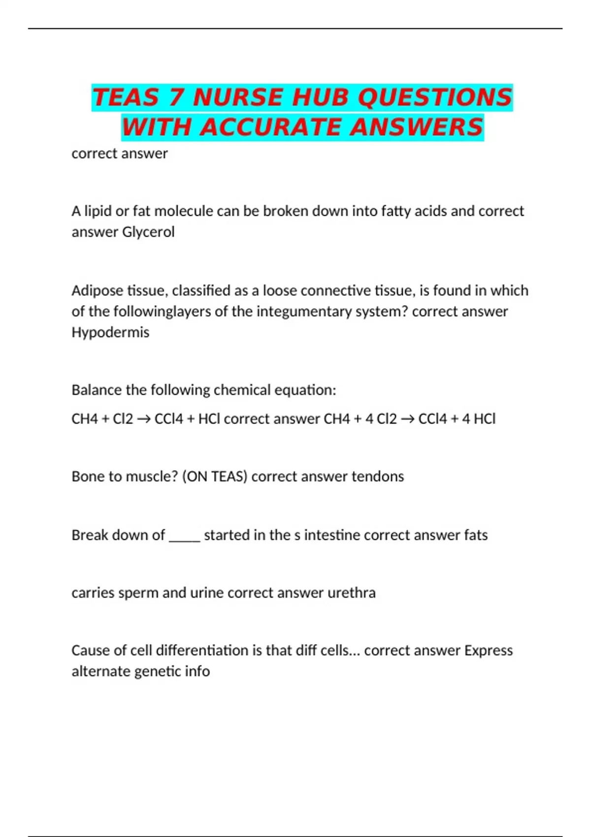 TEAS 7 NURSE HUB QUESTIONS WITH ACCURATE ANSWERS - Teas testing - Stuvia US