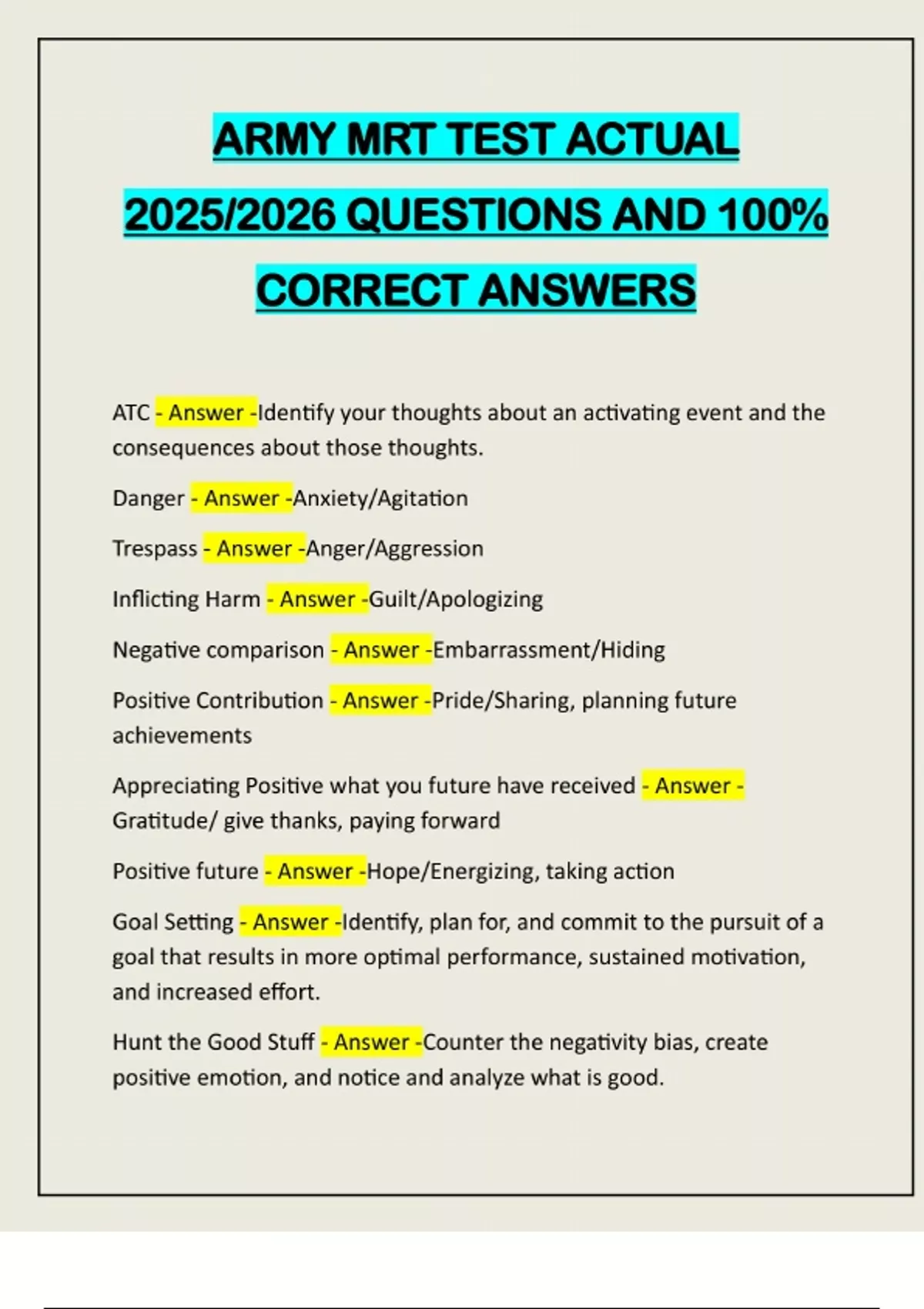 ARMY MRT TEST ACTUAL 2025/2026 QUESTIONS AND 100% CORRECT ANSWERS - MRT ...