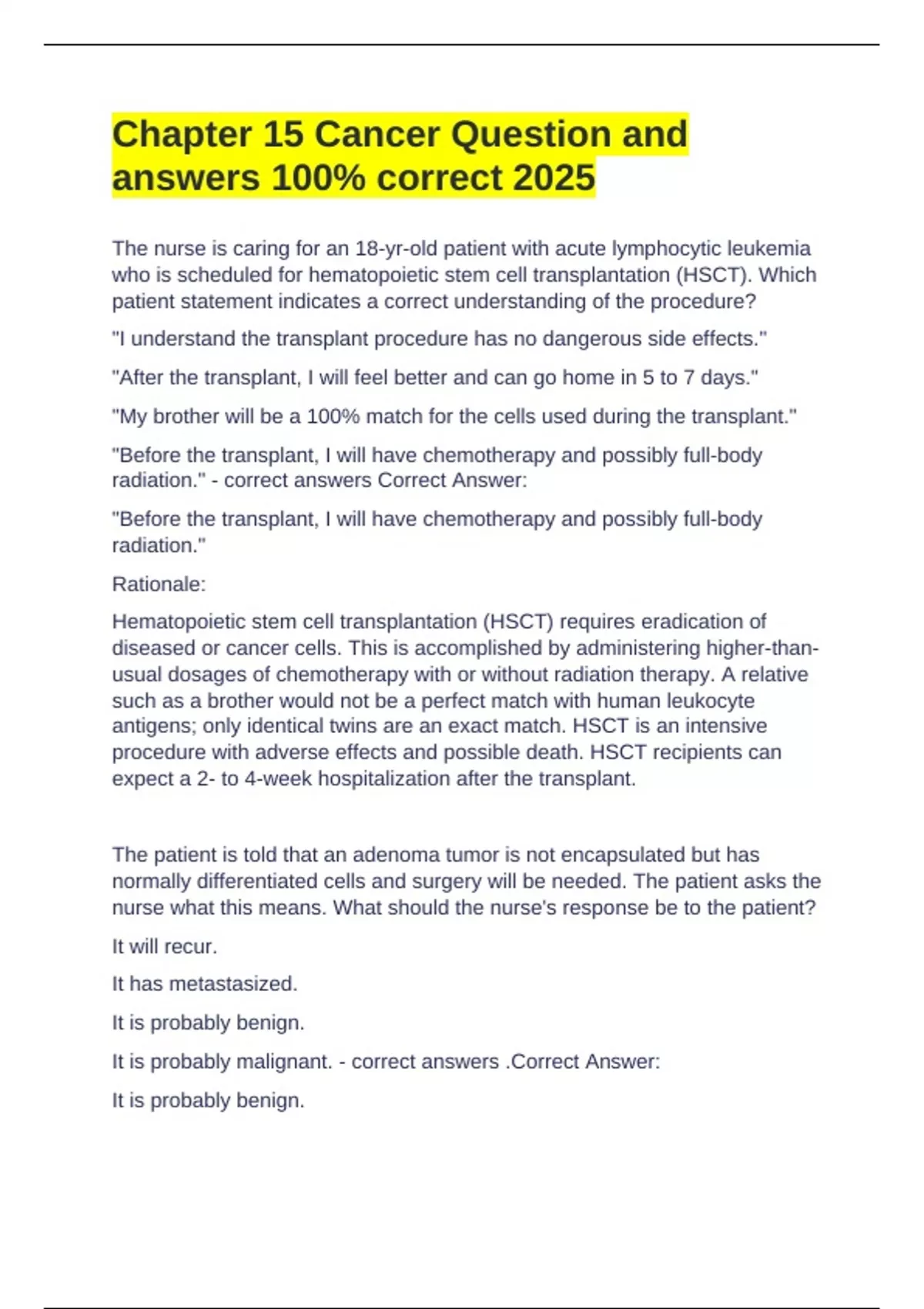 Chapter 15 Cancer Question and answers 100% correct 2025 - Chapter 15 ...