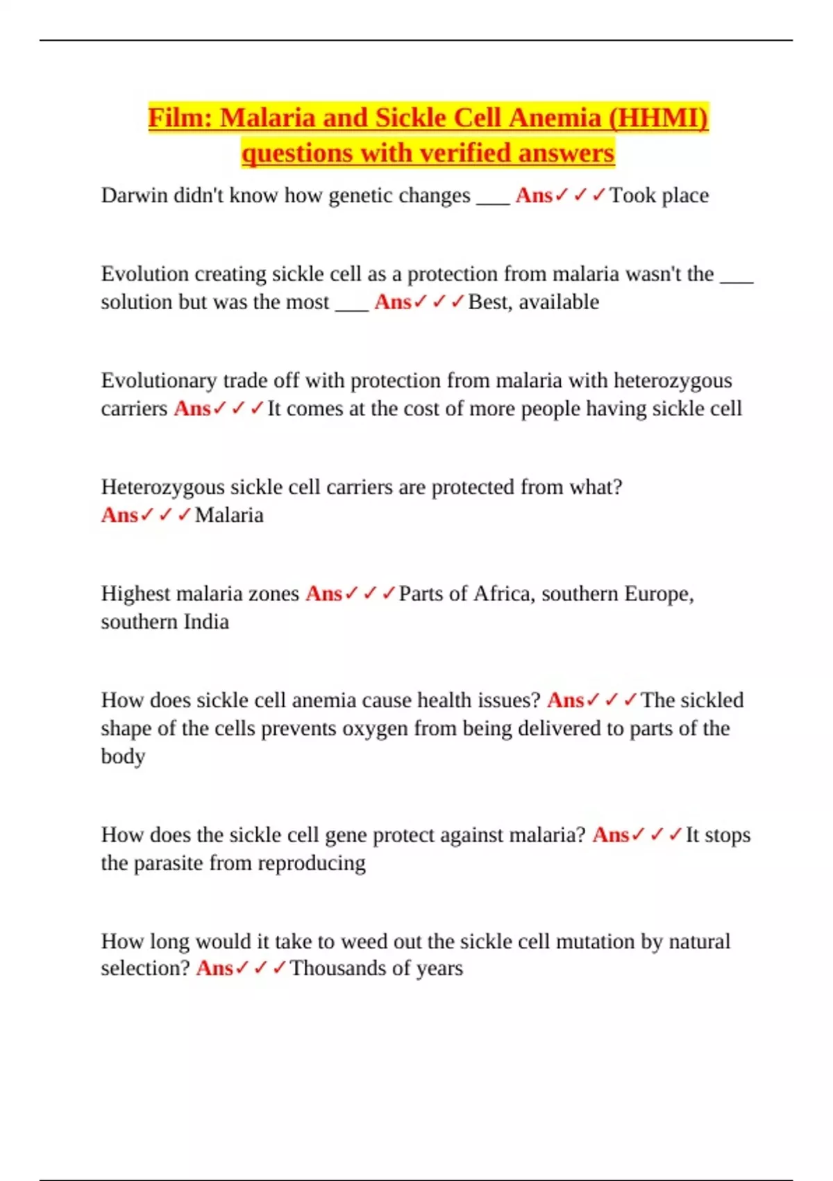 HHMI Film – Malaria and Sickle Cell Anemia: Verified Q&A on Evolution ...