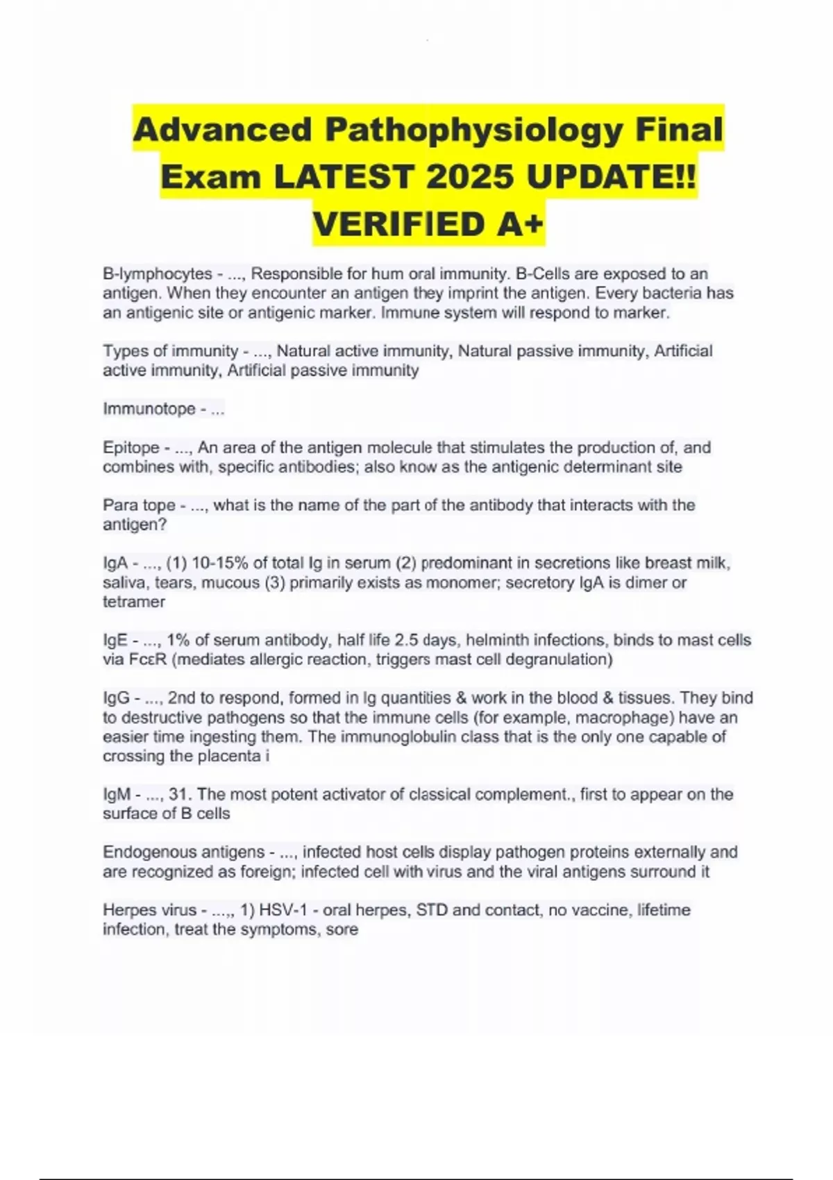 Advanced Pathophysiology Final Exam LATEST 2025 UPDATE!! VERIFIED A+ ...