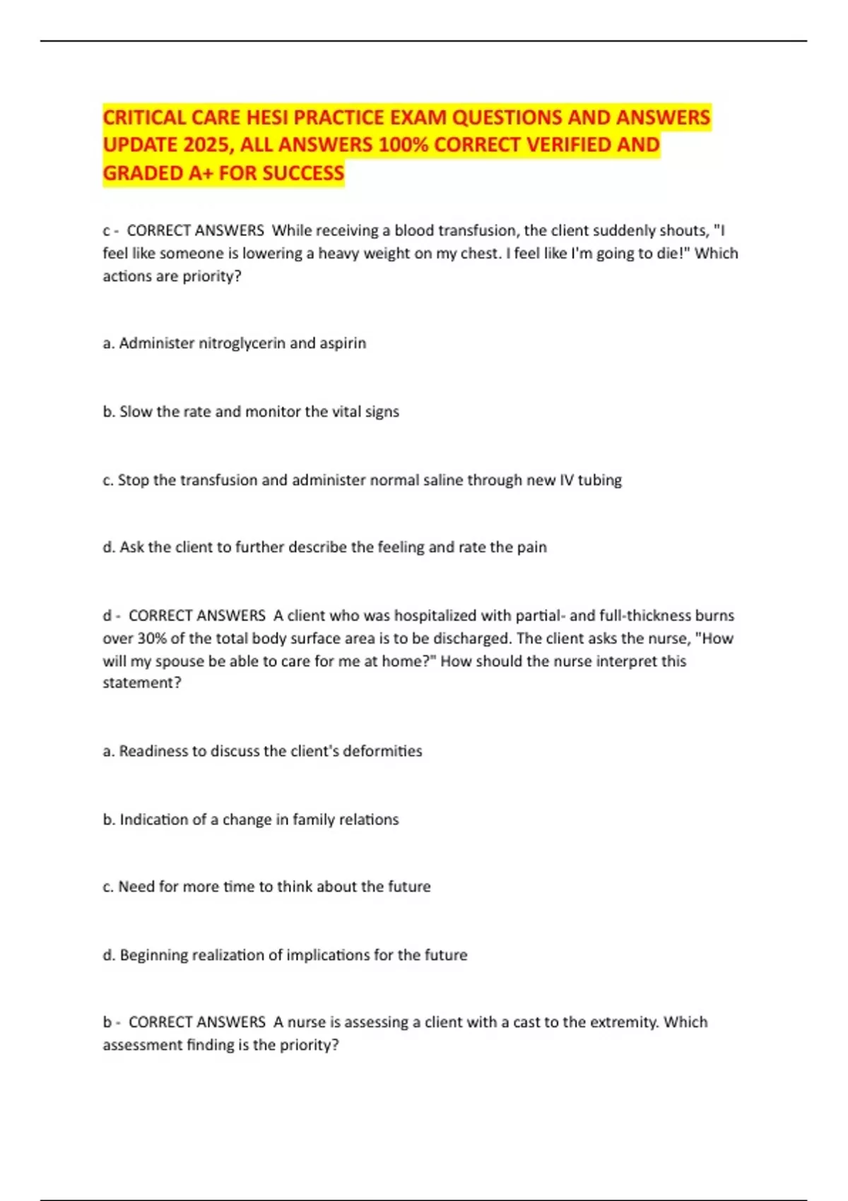 CRITICAL CARE HESI PRACTICE EXAM QUESTIONS AND ANSWERS UPDATE 2025, ALL ...