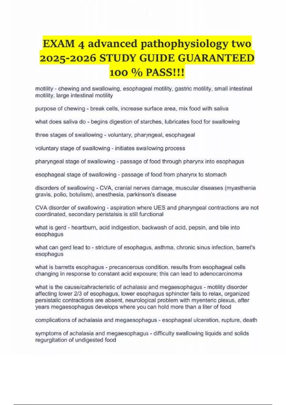 EXAM 4 advanced pathophysiology two STUDY GUIDE GUARANTEED 100 % PASS ...