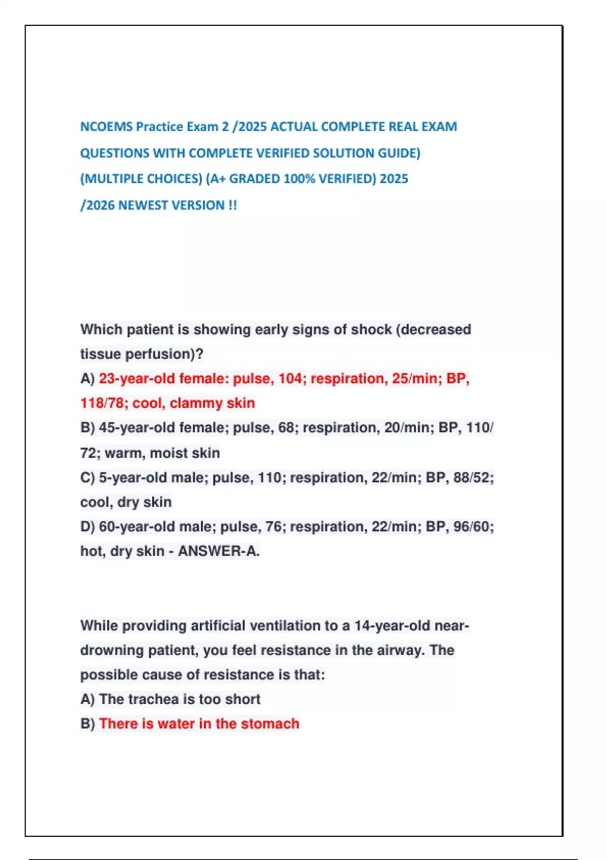 NCOEMS Practice Exam 1&2 /2025 ACTUAL COMPLETE REAL EXAM QUESTIONS WITH COMPLETE VERIFIED ...