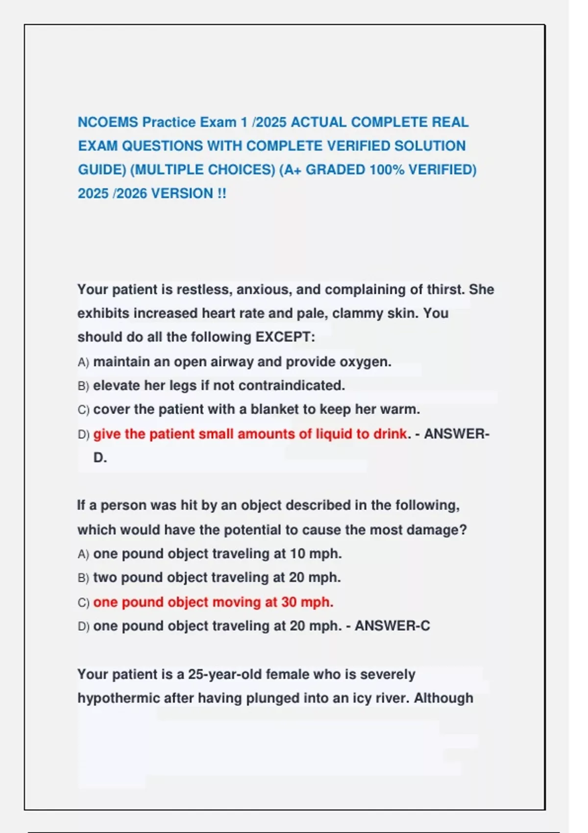 NCOEMS Practice Exam 1 /2025 ACTUAL COMPLETE REAL EXAM QUESTIONS WITH COMPLETE VERIFIED SOLUTION ...