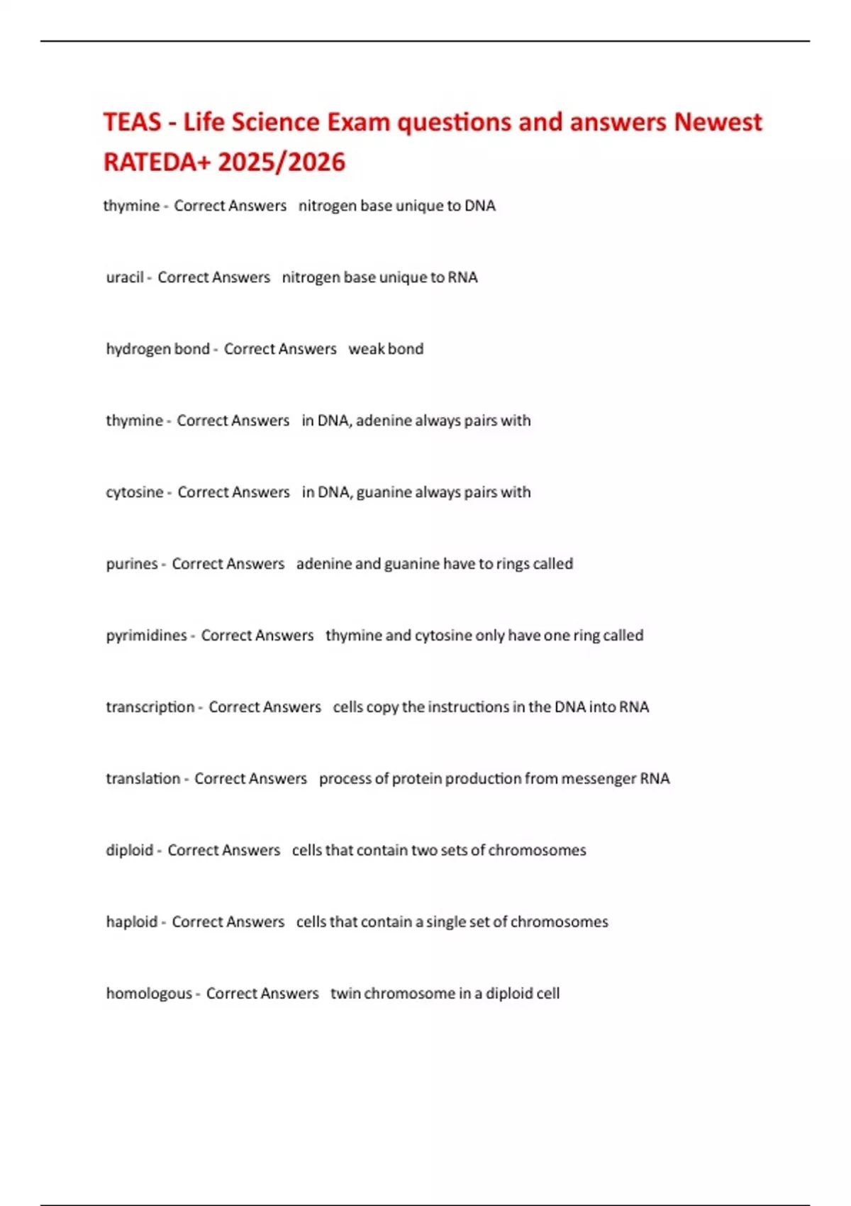 TEAS - Life Science Exam questions and answers Newest RATEDA+ 2025/2026 ...