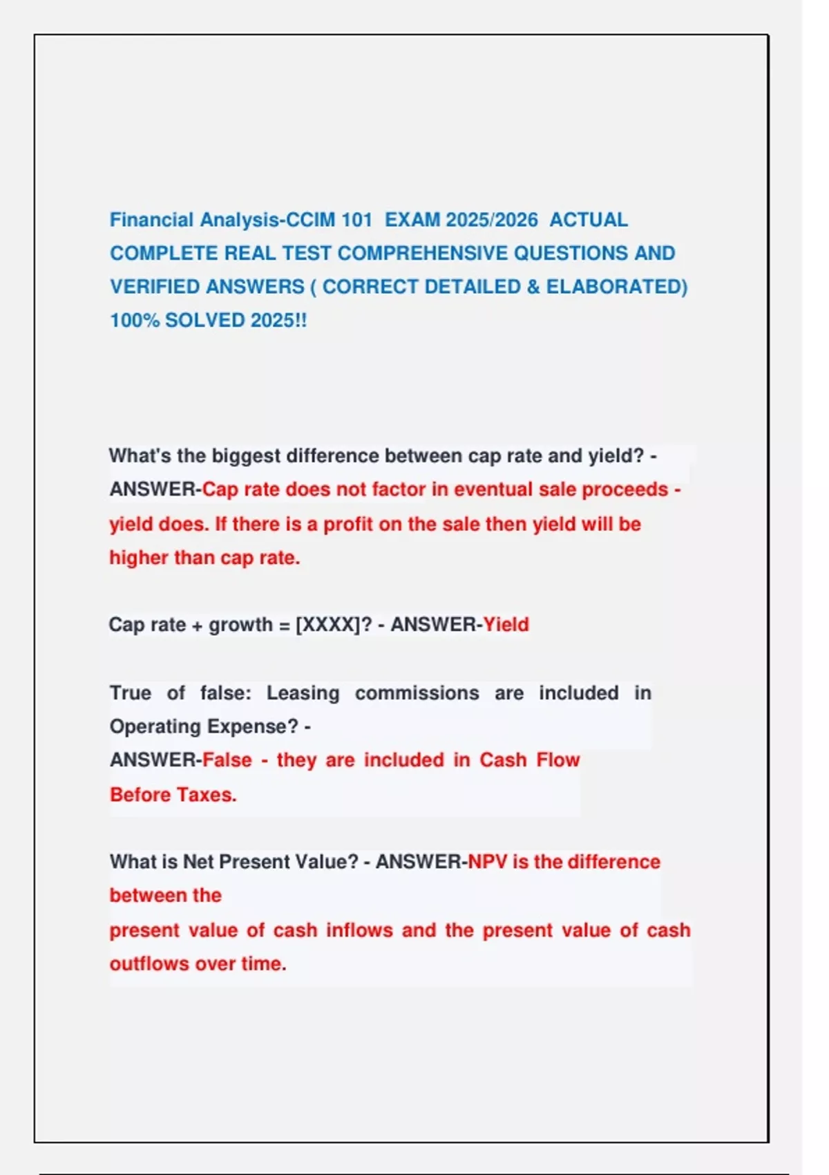 Financial Analysis-CCIM 101 EXAM 2025/2026 ACTUAL COMPLETE REAL TEST ...