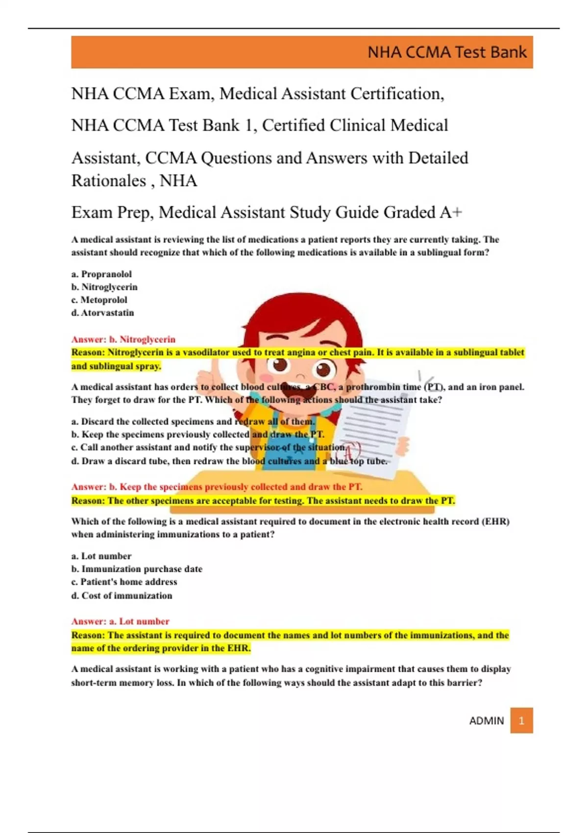 NHA CCMA Exam, Medical Assistant Certification, NHA CCMA Test Bank 1 ...