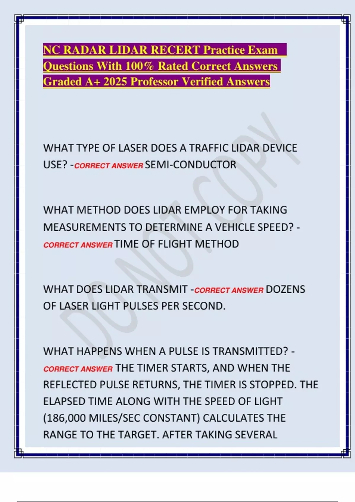 NC RADAR LIDAR RECERT Practice Exam Questions With 100- Rated Correct ...