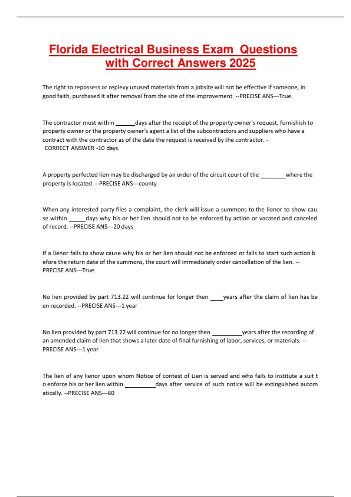 Florida Electrical Business Exam Questions with Correct Answers 2025 ...