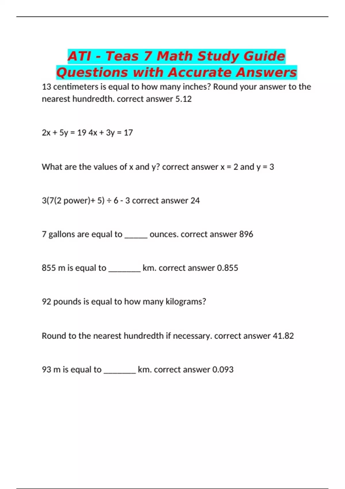 ATI - Teas 7 Math Study Guide Questions with Accurate Answers - Teas ...