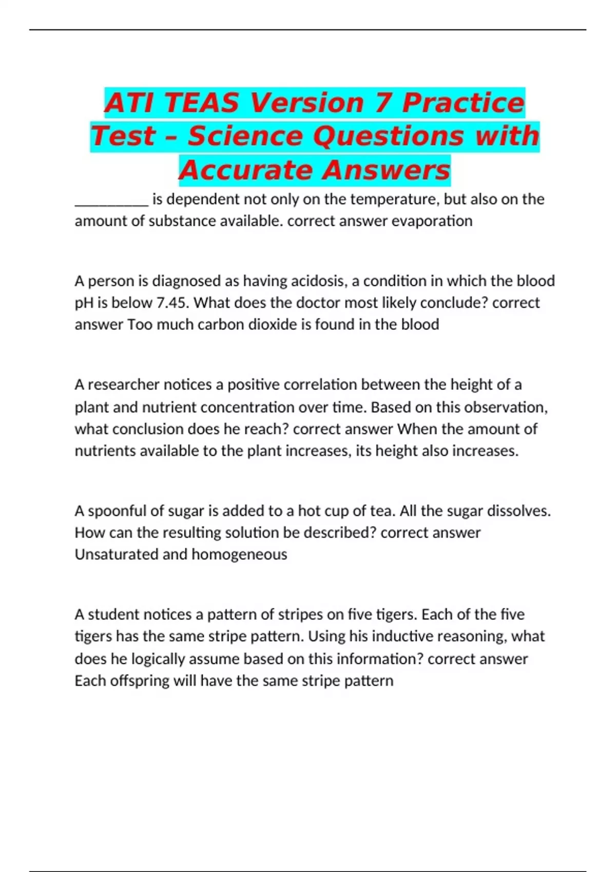 ATI TEAS Version 7 Practice Test – Science Questions with Accurate ...