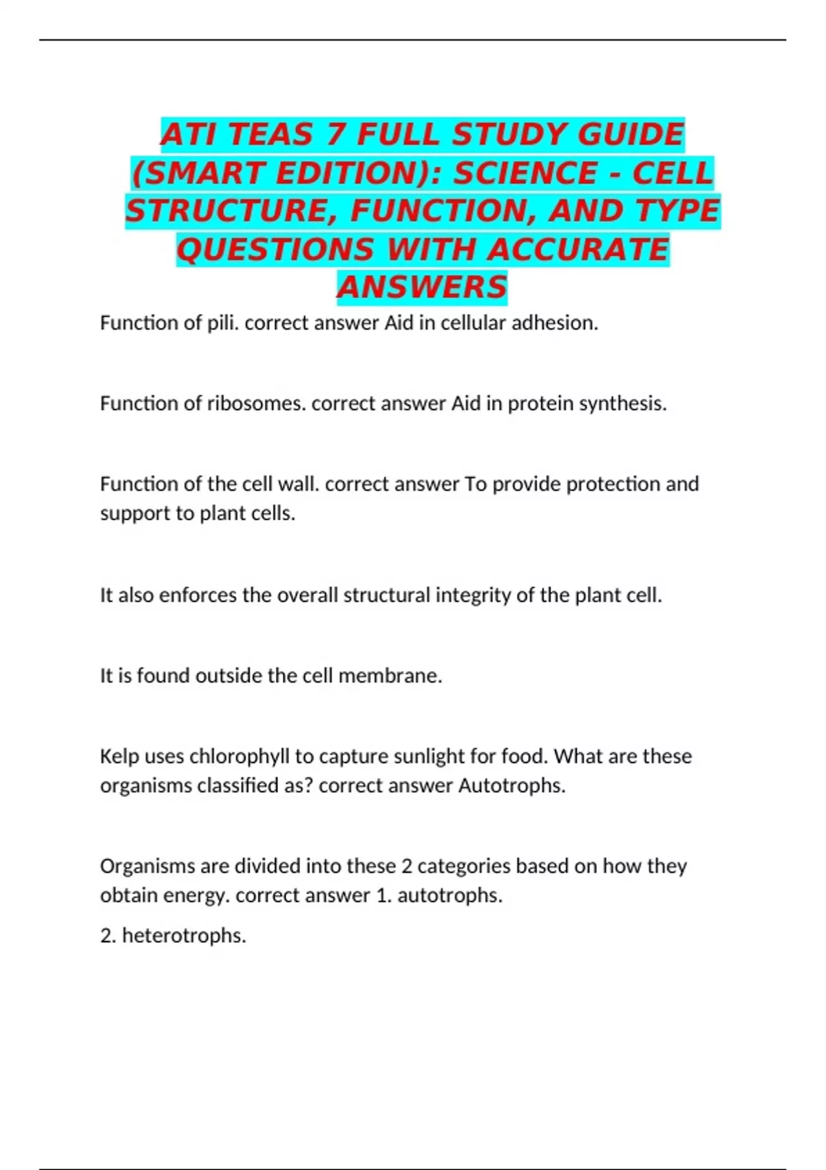 ATI TEAS 7 FULL STUDY GUIDE (SMART EDITION): SCIENCE - CELL STRUCTURE ...