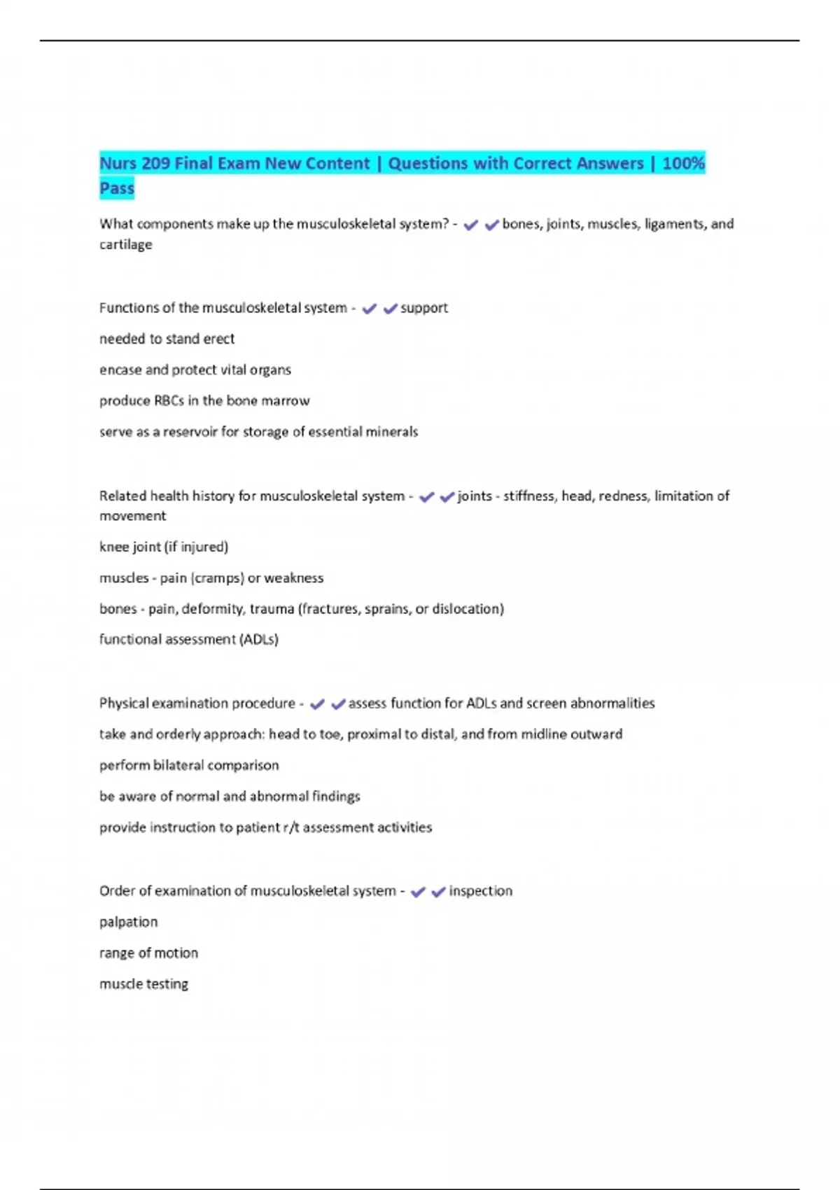 Nurs 209 Final Exam New Content | Questions with Correct Answers | 100% Pass - NURS 209 - Stuvia US