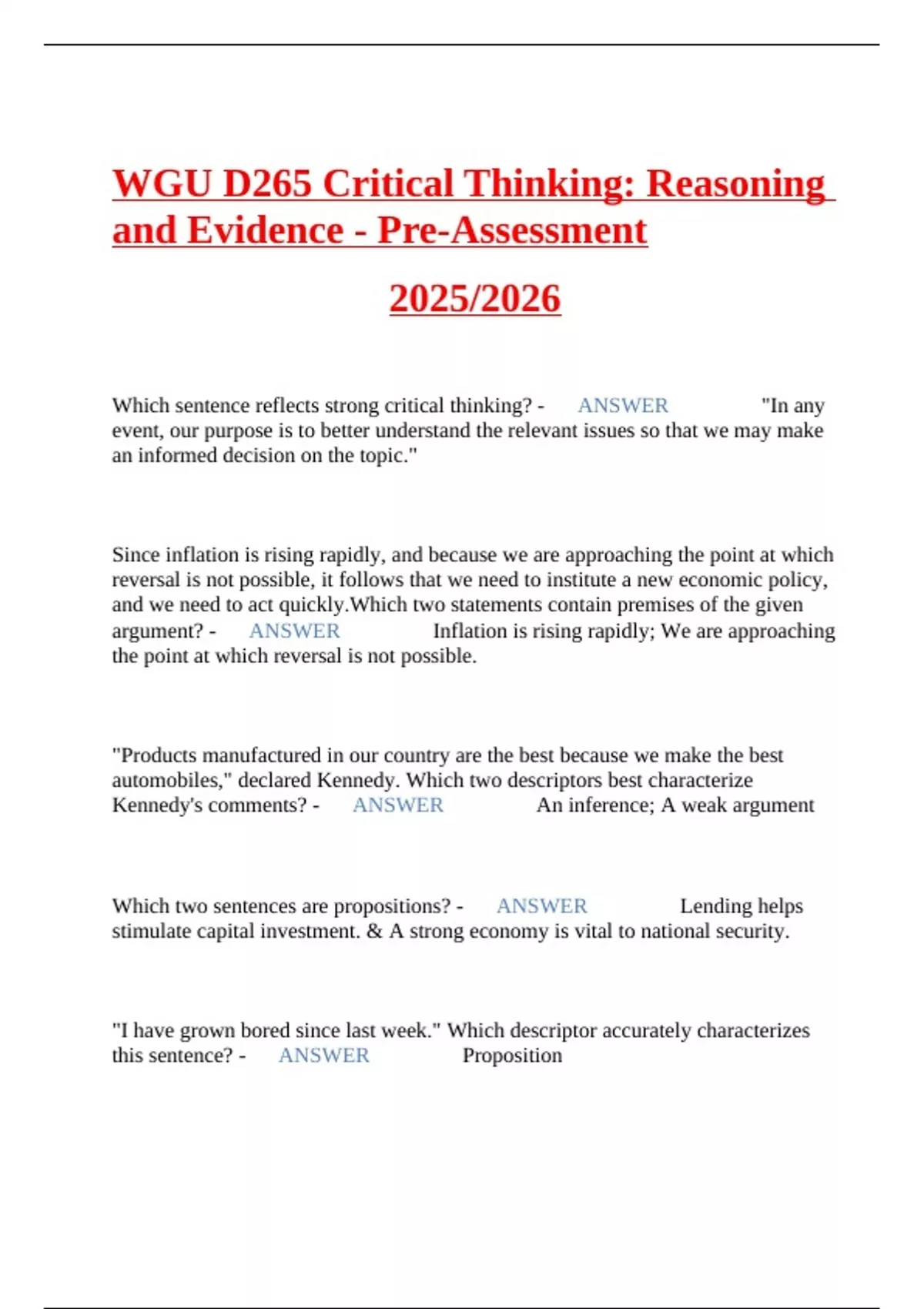 WGU D265 Critical Thinking: Reasoning and Evidence - Pre-Assessment ...