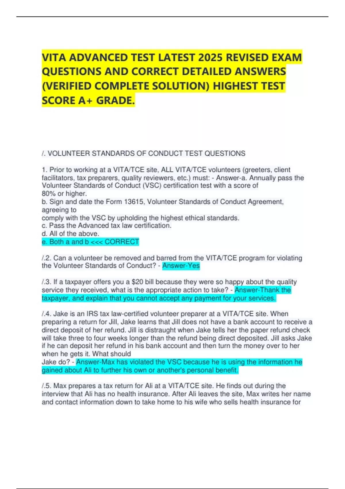 VITA ADVANCED TEST LATEST 2025 REVISED EXAM QUESTIONS AND CORRECT ...