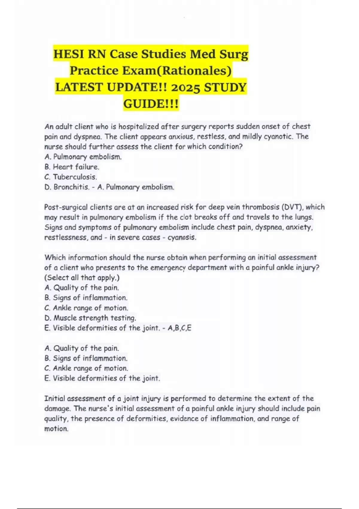 HESI RN Case Studies Med Surg Practice Exam(Rationales) LATEST UPDATE ...