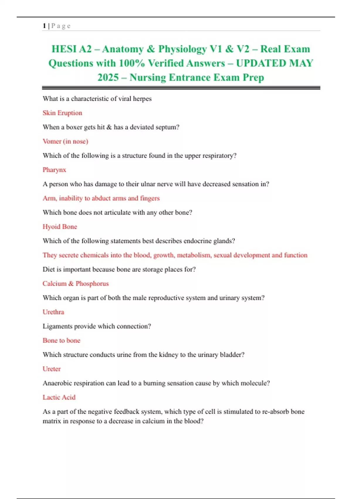 HESI A2 – Anatomy & Physiology V1 & V2 – Real Exam Questions with 100% ...