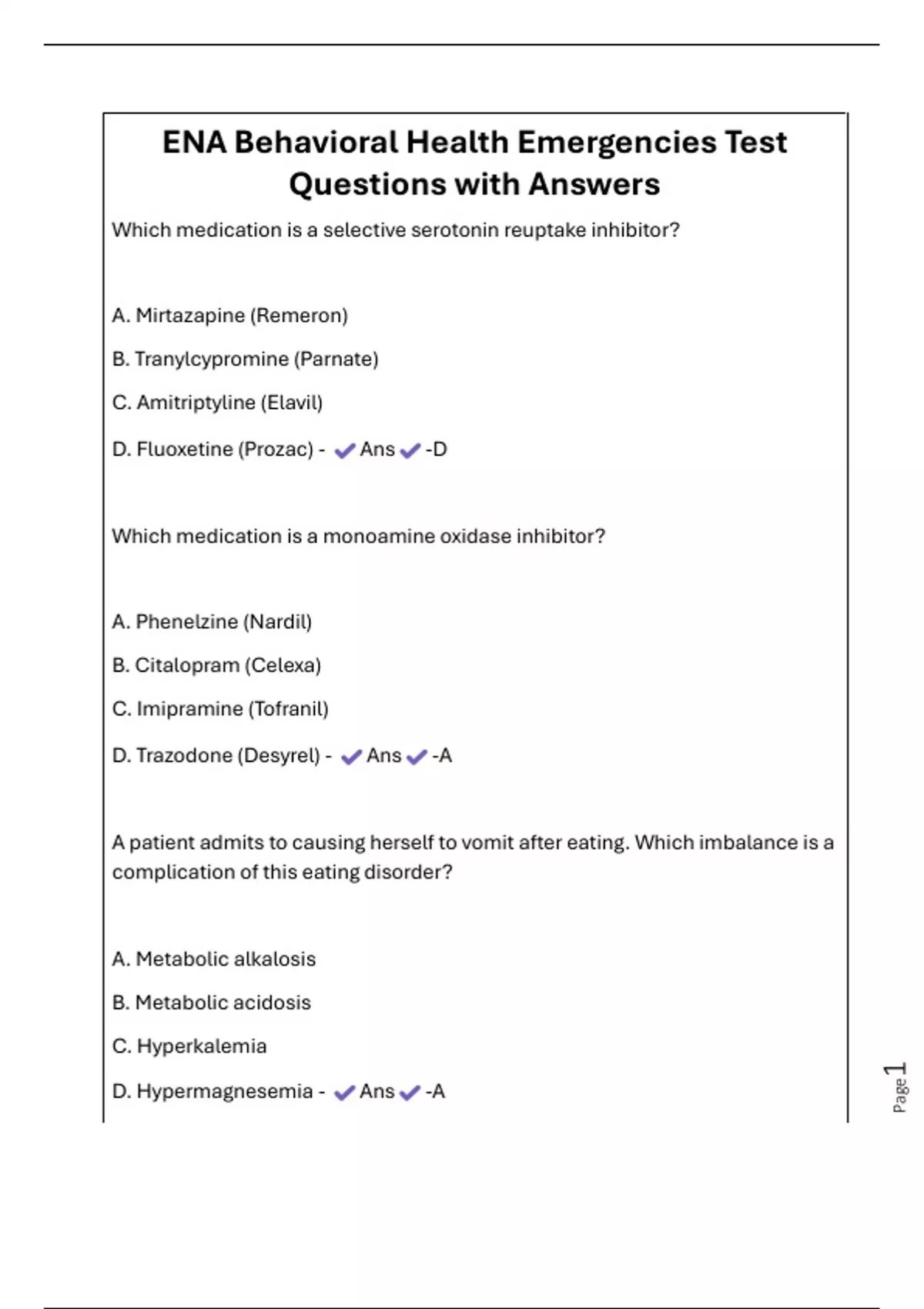 ENA Behavioral Health Emergencies Test Questions with Answers - ENA ...