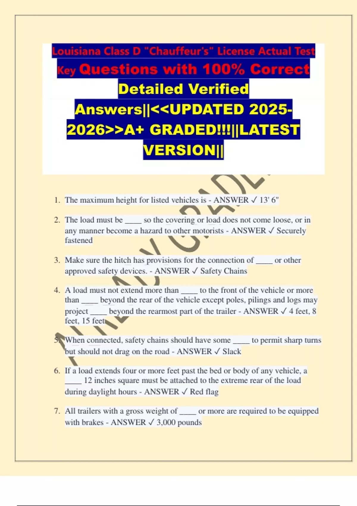 Louisiana Class D "Chauffeur's" License Actual Test Key Questions with ...
