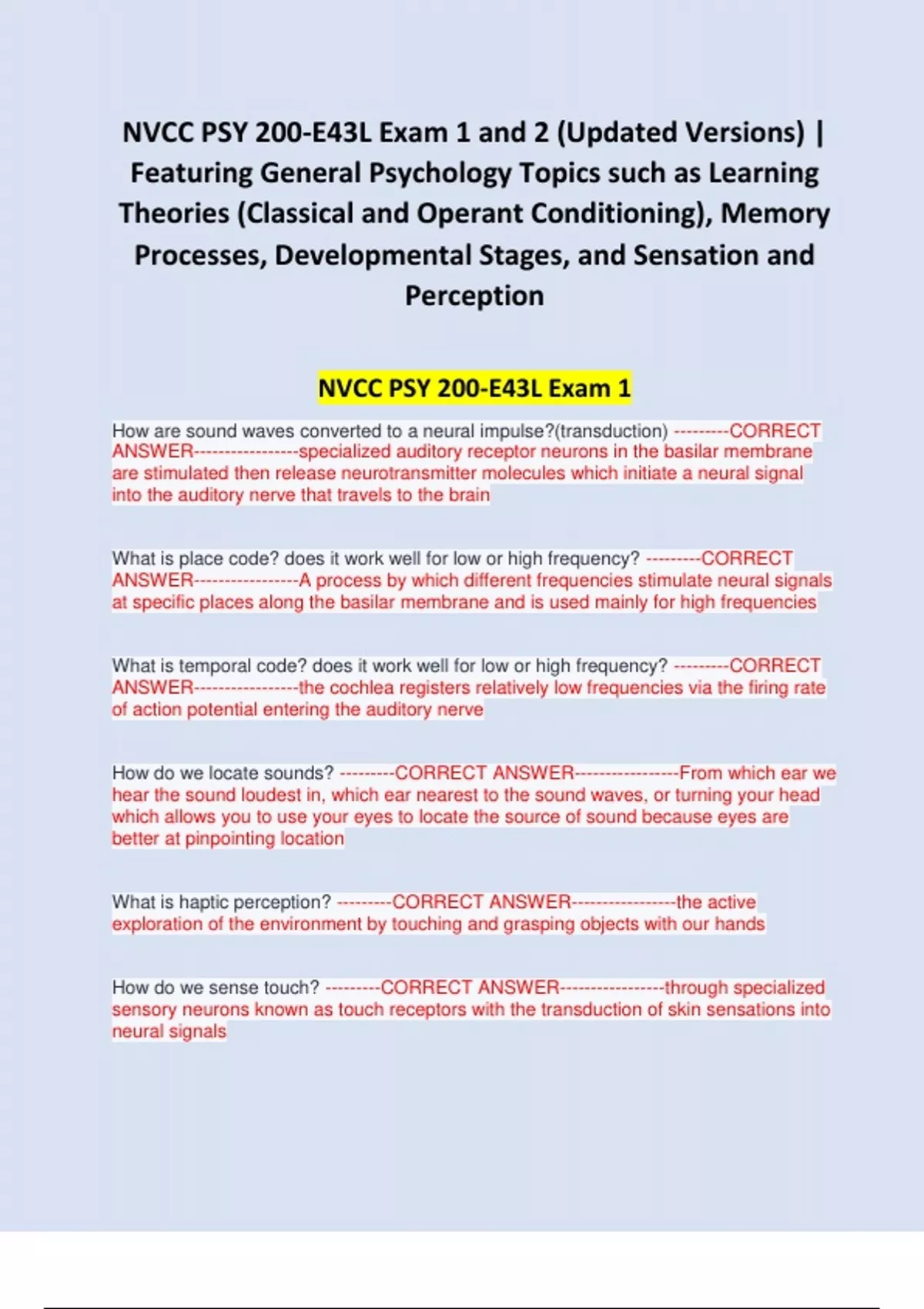 NVCC PSY 200-E43L Exam 1 and 2 (Updated Versions) | Featuring General Psychology Topics such as ...