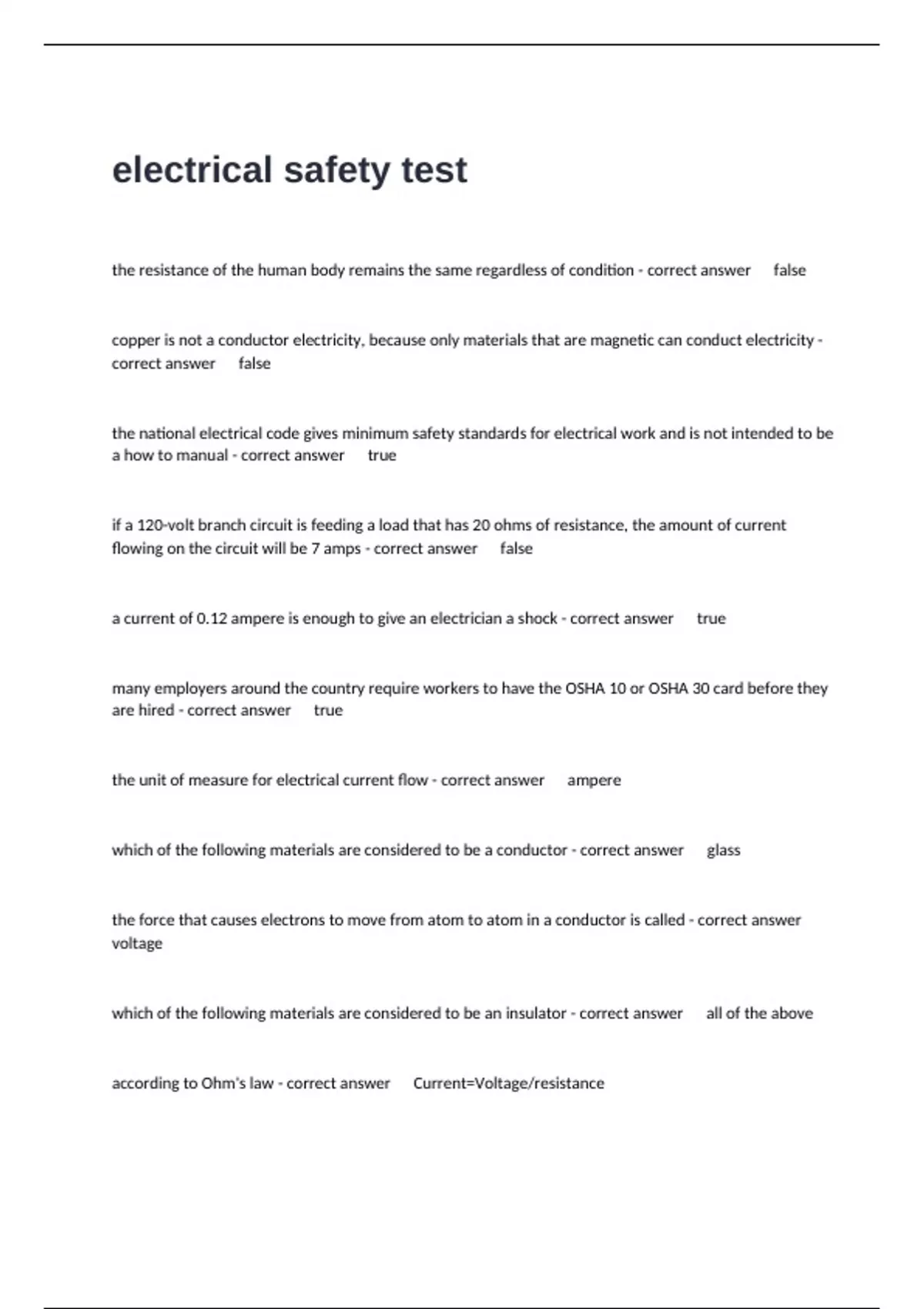 electrical safety test practice questions and answers 100% pass ...