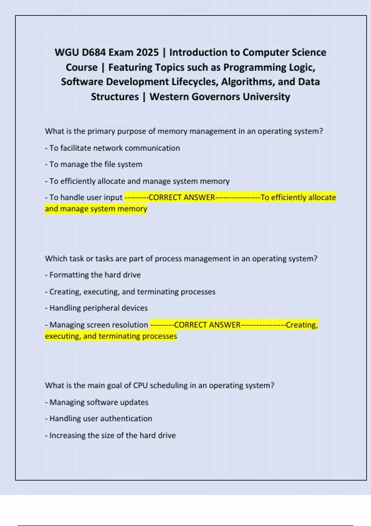 WGU D684 Exam 2025 | Introduction to Computer Science Course | Featuring Topics such as ...
