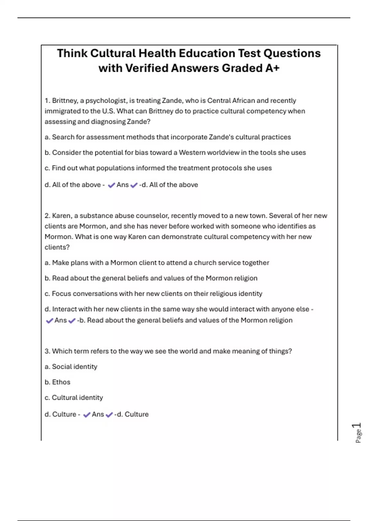 Think Cultural Health Education Test Questions with Verified Answers ...