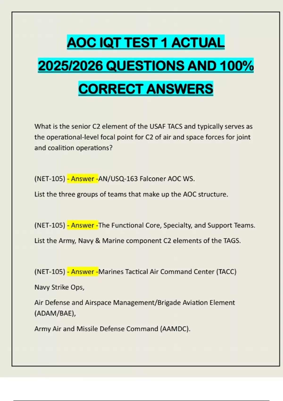 AOC IQT TEST 1 ACTUAL 2025/2026 QUESTIONS AND 100% CORRECT ANSWERS ...