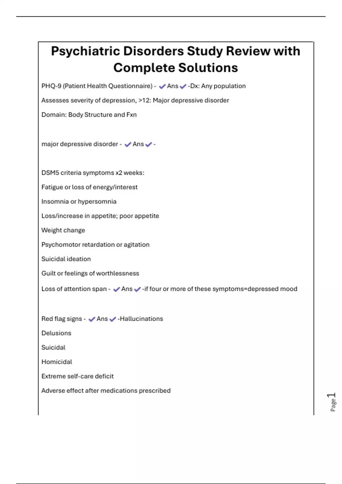 Psychiatric Disorders Study Review with Complete Solutions ...