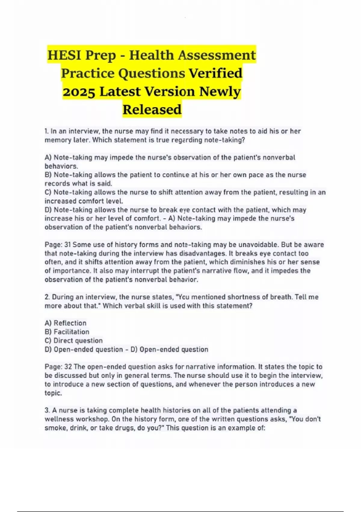 HESI Prep - Health Assessment Practice Questions Verified 2025 Latest ...