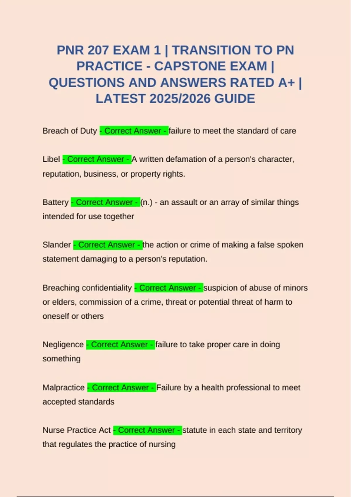 PNR 207 EXAM 1 | TRANSITION TO PN PRACTICE - CAPSTONE EXAM | QUESTIONS ...