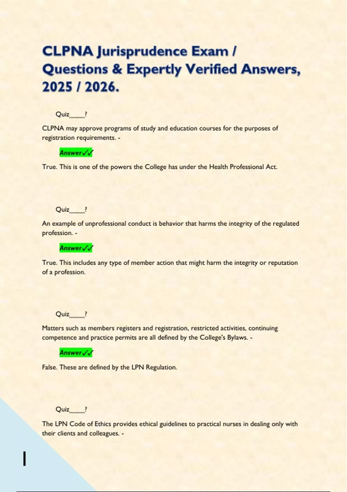 CLPNA Jurisprudence Exam / Questions & Expertly Verified Answers, 2025 ...