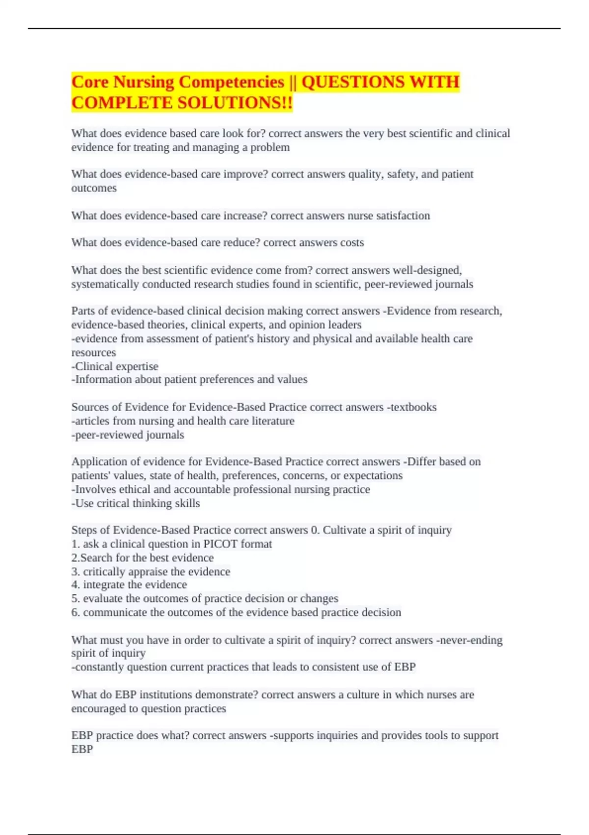 Core Nursing Competencies || QUESTIONS WITH COMPLETE SOLUTIONS!! - CORE ...