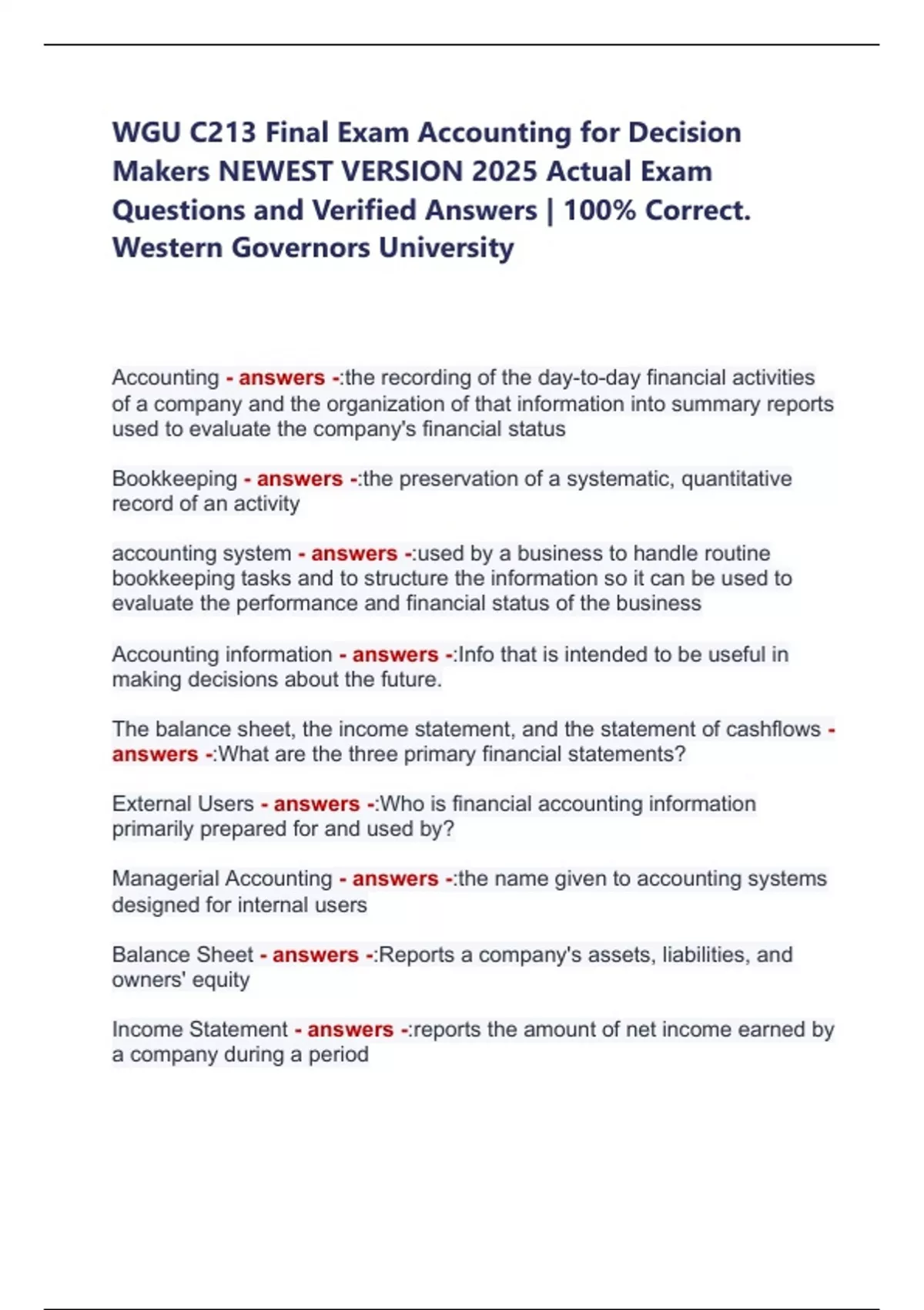 WGU C213 Final Exam Accounting for Decision Makers NEWEST VERSION 2025 ...