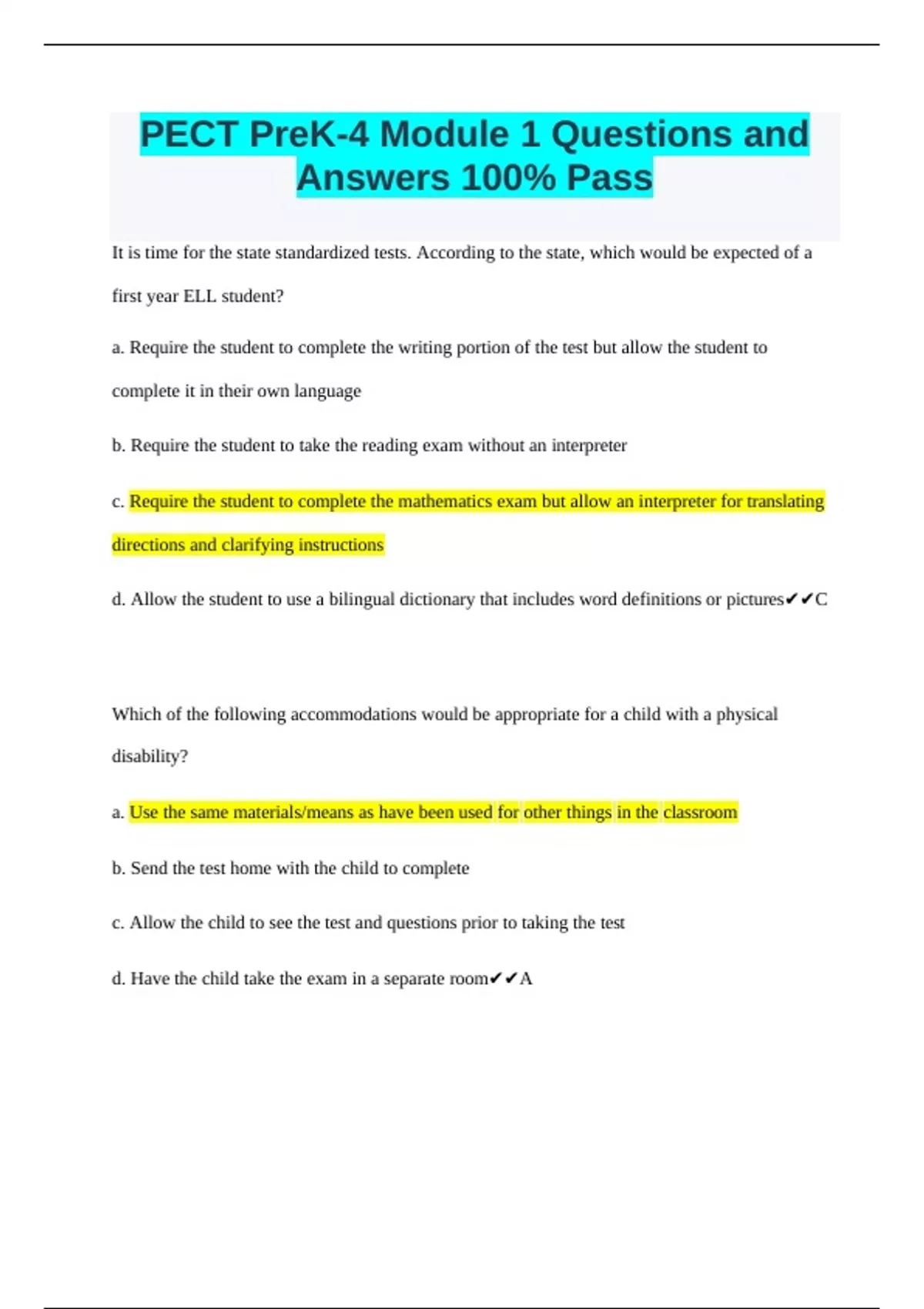 PECT PreK-4 Module 1 Questions and Answers 100- Pass - Hesi exit ...