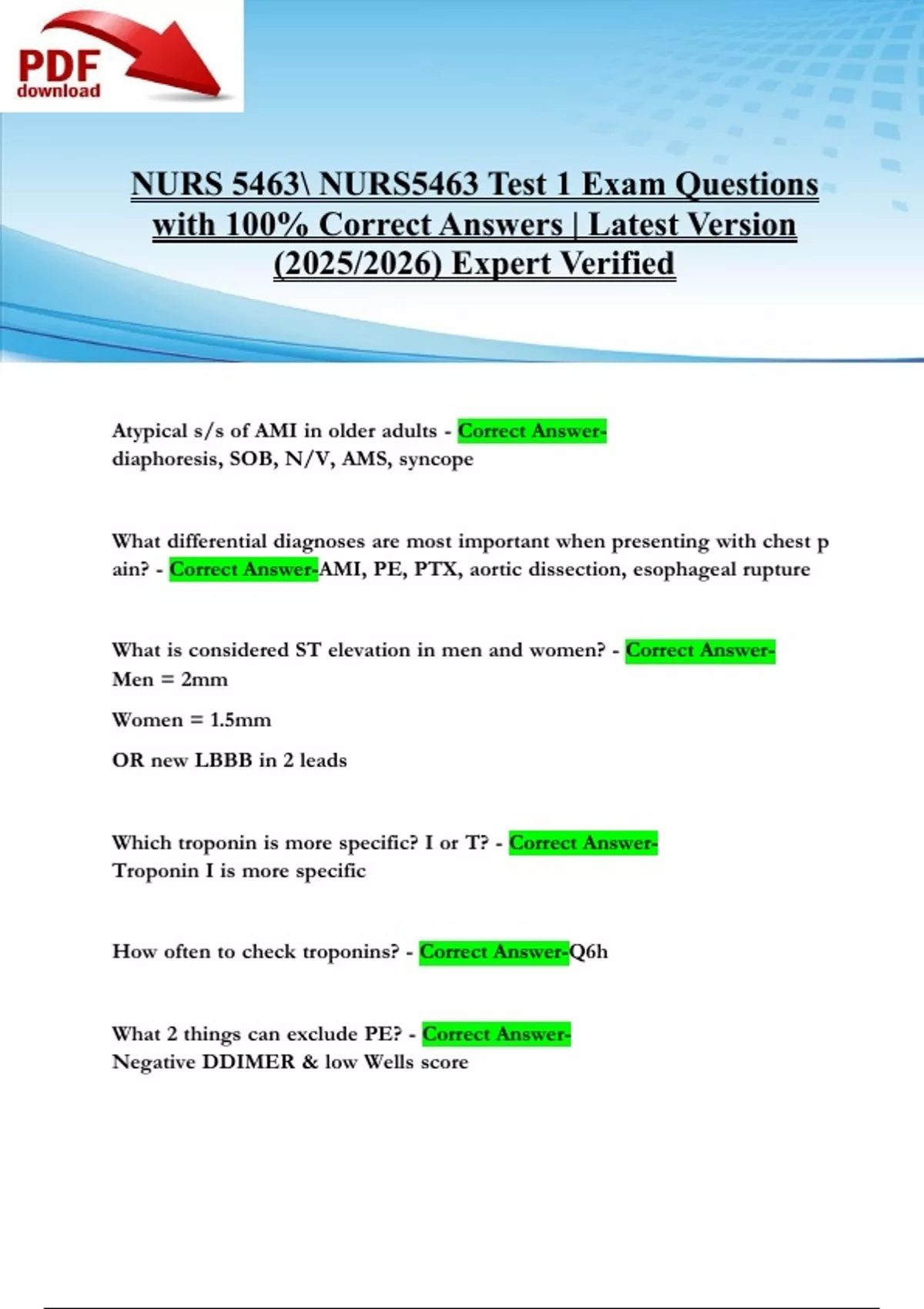 NURS 5463 /NURS5463 Test 1 Exam Questions with 100% Correct Answers ...