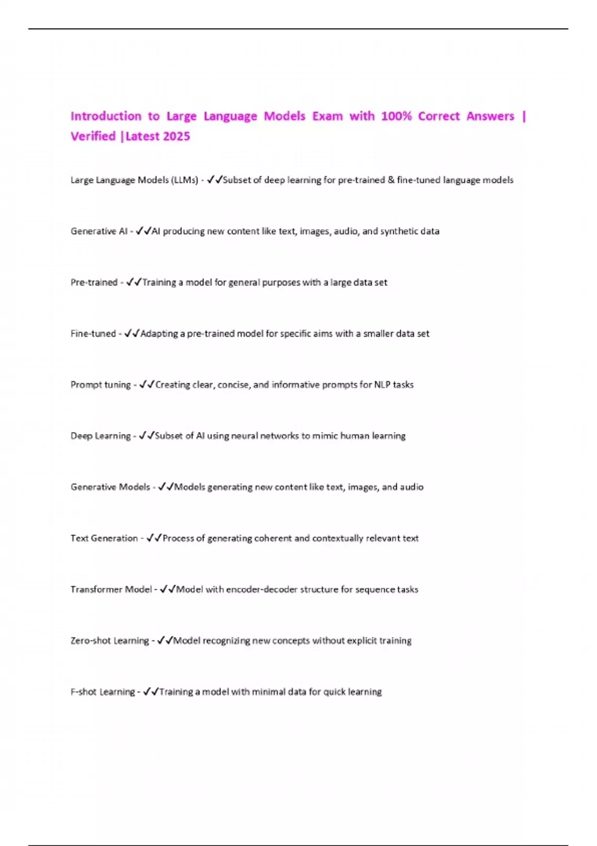Introduction to Large Language Models Exam with 100% Correct Answers ...