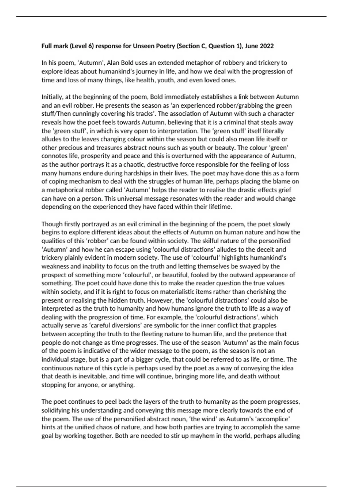 AQA English Literature June 2017 Paper 2 GCSE - Section C, Question 1, Unseen Poetry - Full Mark ...