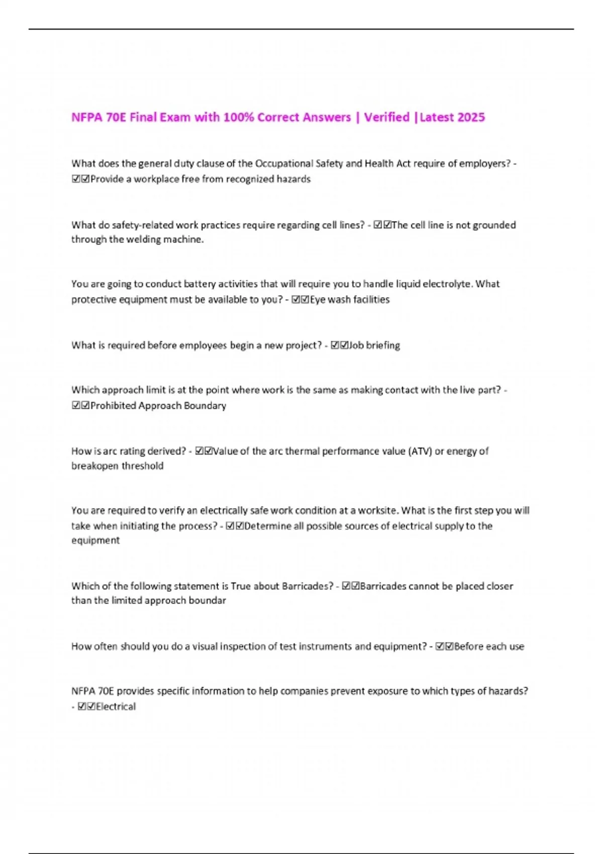 NFPA 70E Final Exam with 100% Correct Answers | Verified |Latest 2025 ...