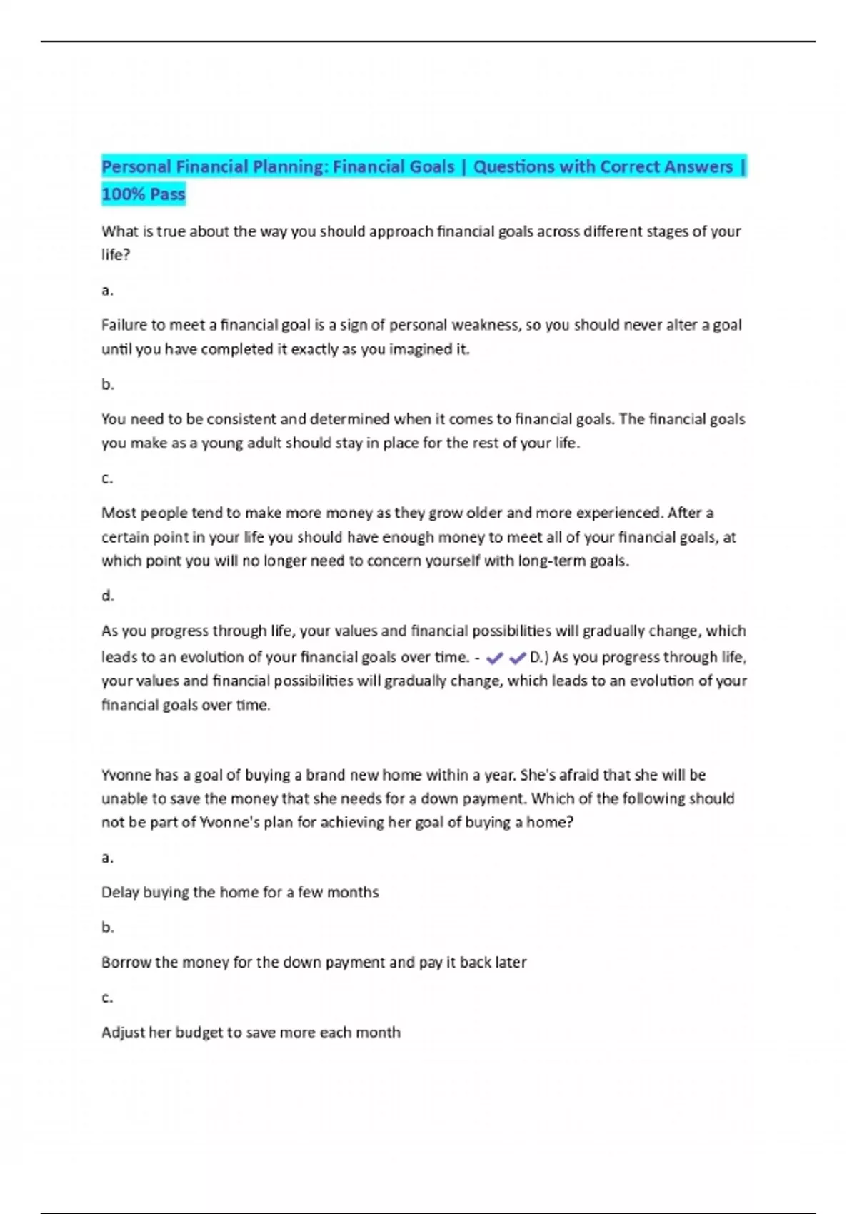 Personal Financial Planning: Financial Goals | Questions with Correct ...