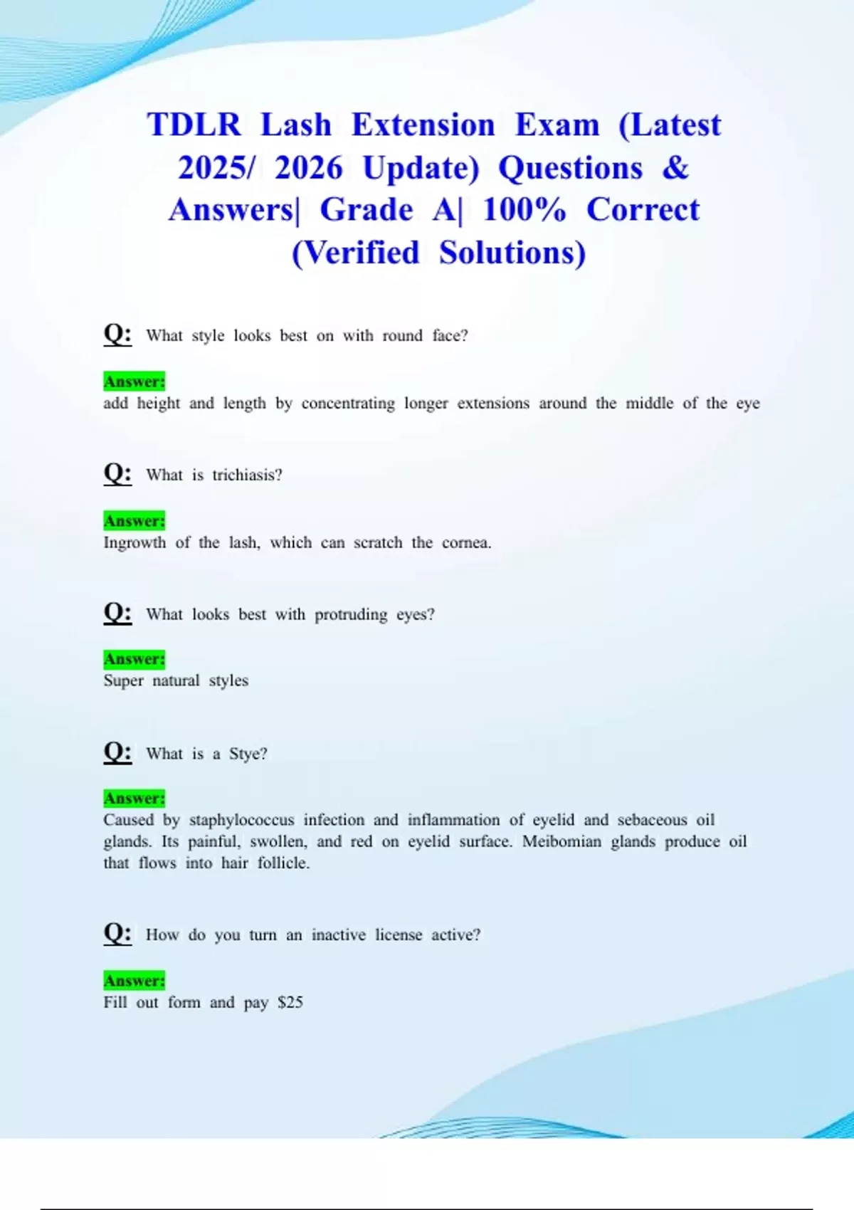 TDLR Lash Extension Exam (Latest 2025/ 2026 Update) Questions & Answers ...