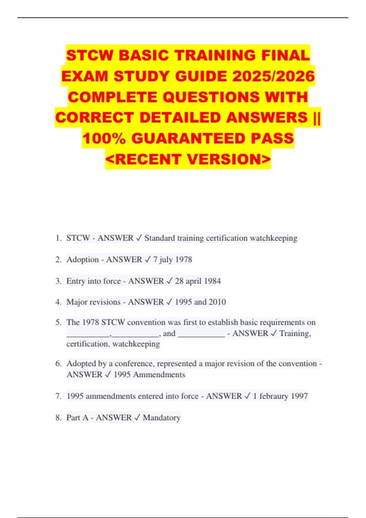 STCW BASIC TRAINING FINAL EXAM STUDY GUIDE 2025/2026 COMPLETE QUESTIONS WITH CORRECT DETAILED ...